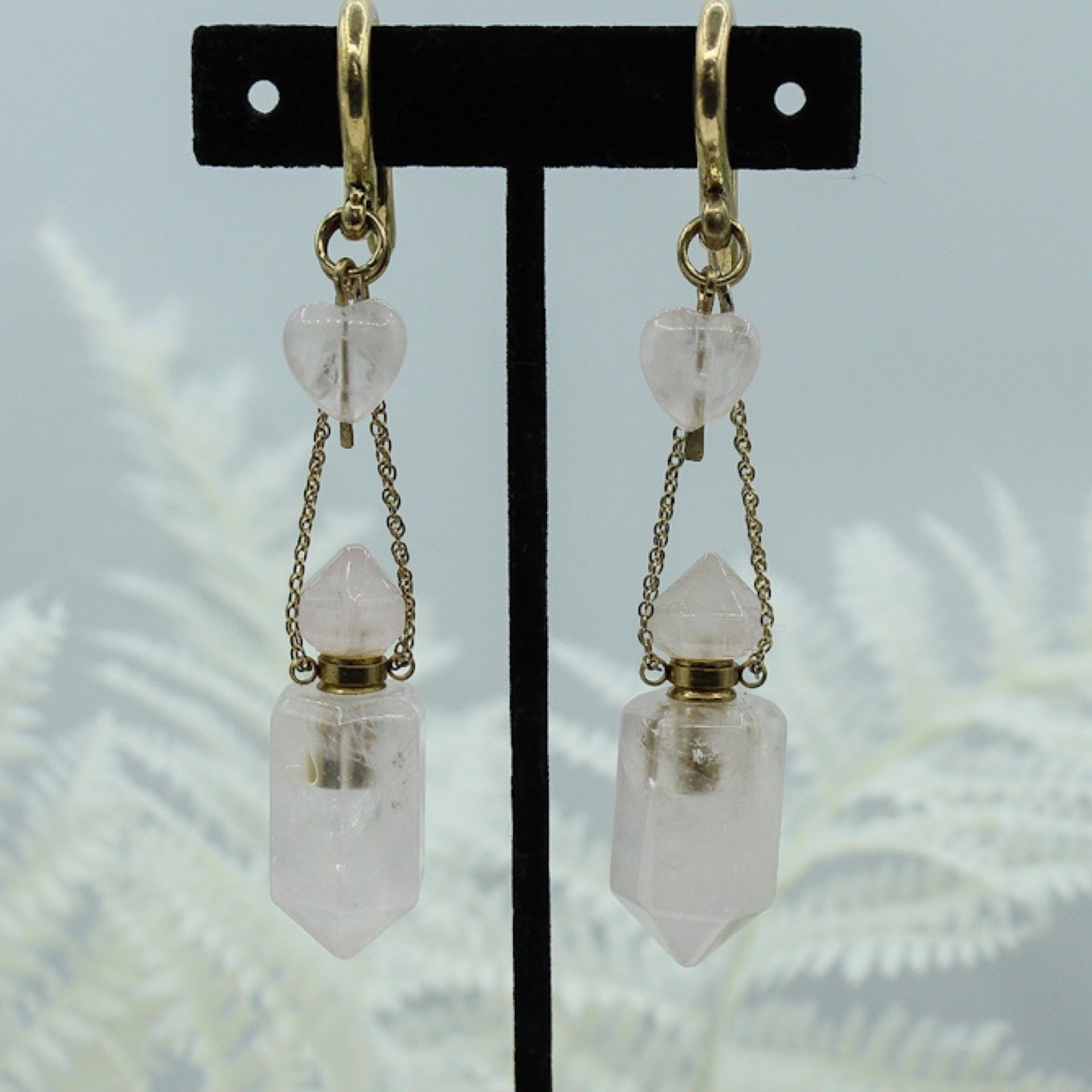 Rose quartz perfume bottle earrings | FIDELITY TATTOO